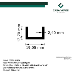 Perfil u aba desigual - Perfil u aba desigual | Casa Verde Alumínio